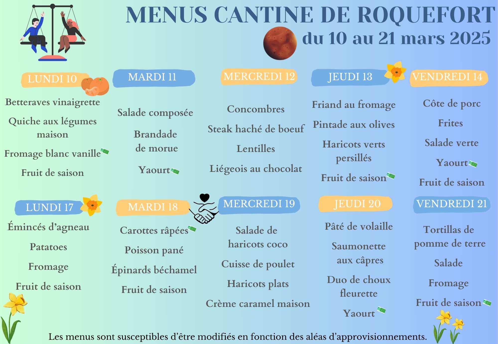 MENUS DE LA CANTINE DU 10 AU 21 MARS 2025 - Mairie Roquefort